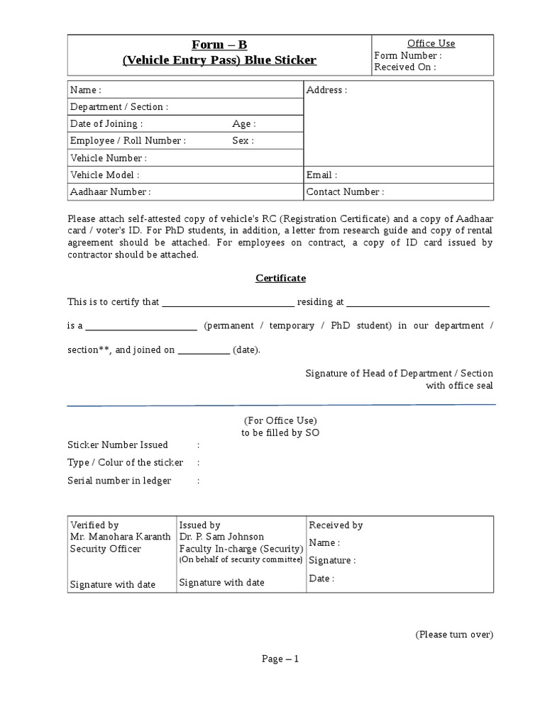 Form - B (Vehicle Entry Pass) Blue Sticker: Certificate | PDF