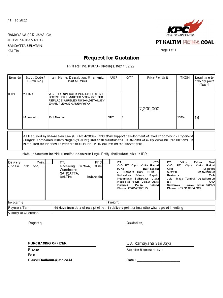 Request For Quotation: Purchasing Officer Phone: Fax: E-mail:Rodianur ...