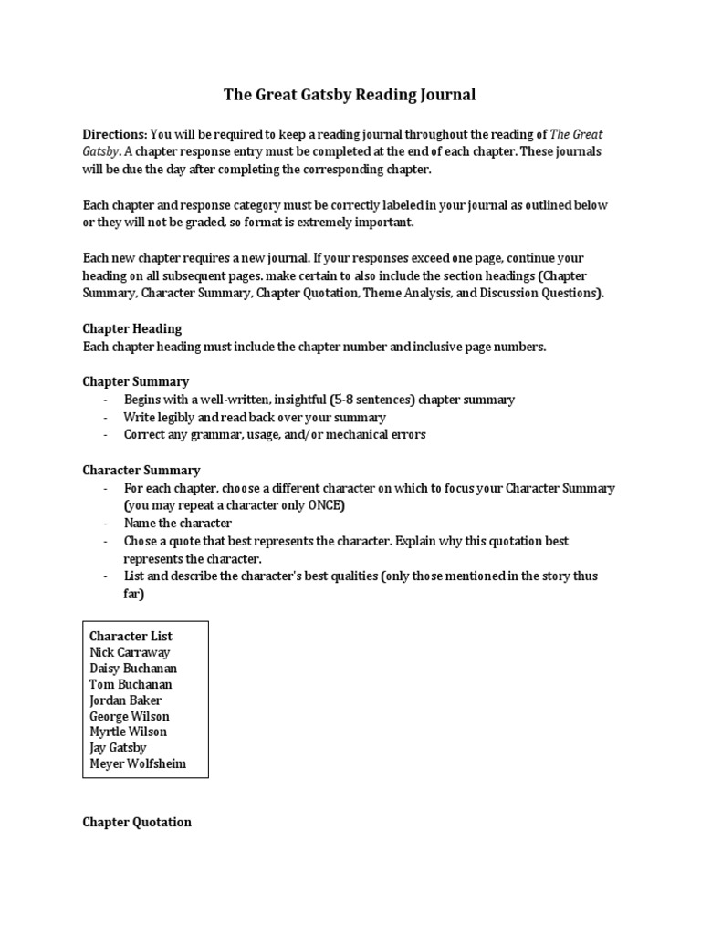 The Great Gatsby Reading Journal: Directions | PDF | The Great Gatsby