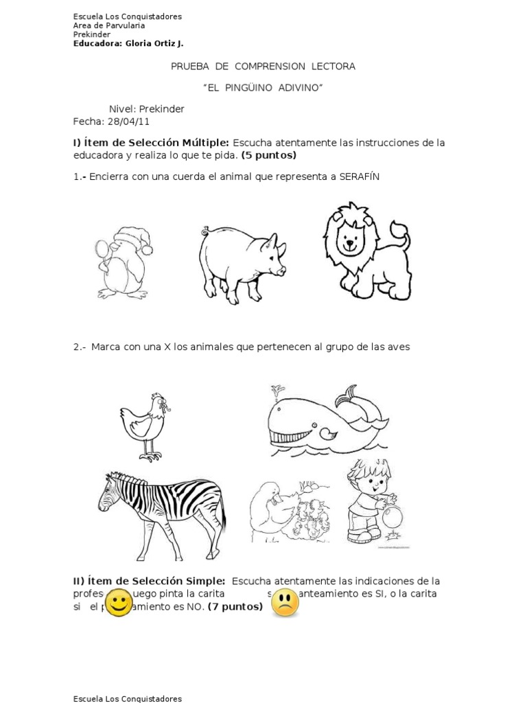 Prueba de Comprension Lectora Prekinder | PDF