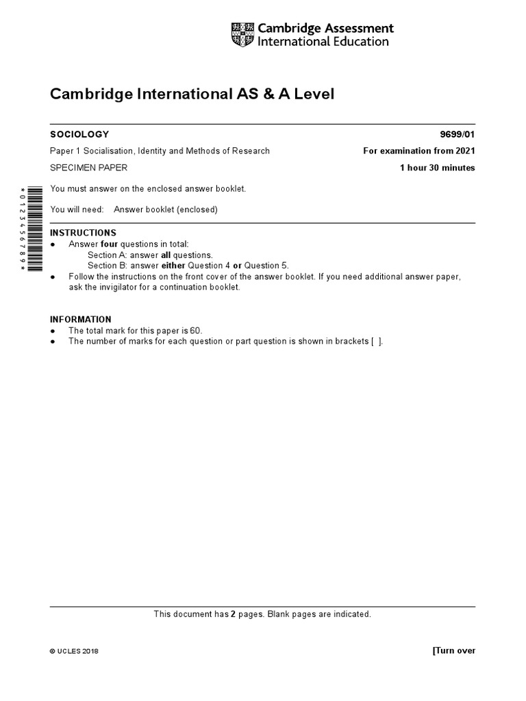 Cambridge International AS & A Level: SOCIOLOGY 9699/01 | PDF ...