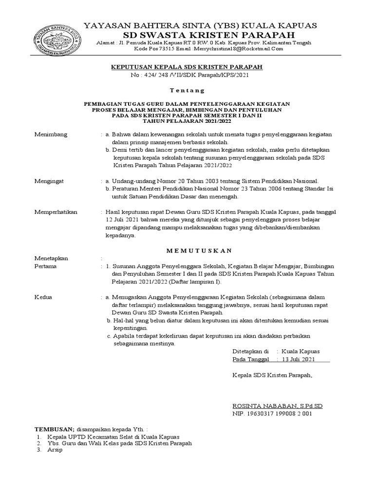 SK Pembagian Tugas Mengajar Dan Jadwal | PDF