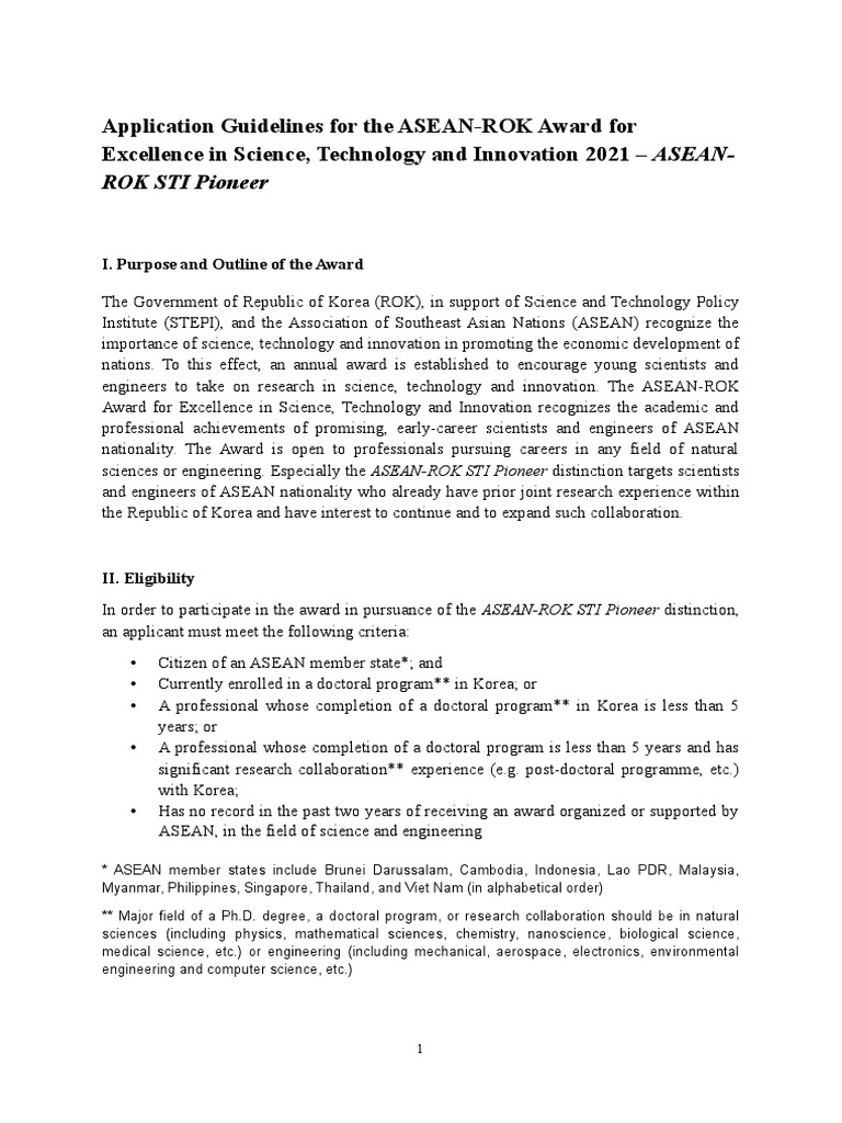 Application Guidelines For The ASEAN-ROK Award For Excellence in ...