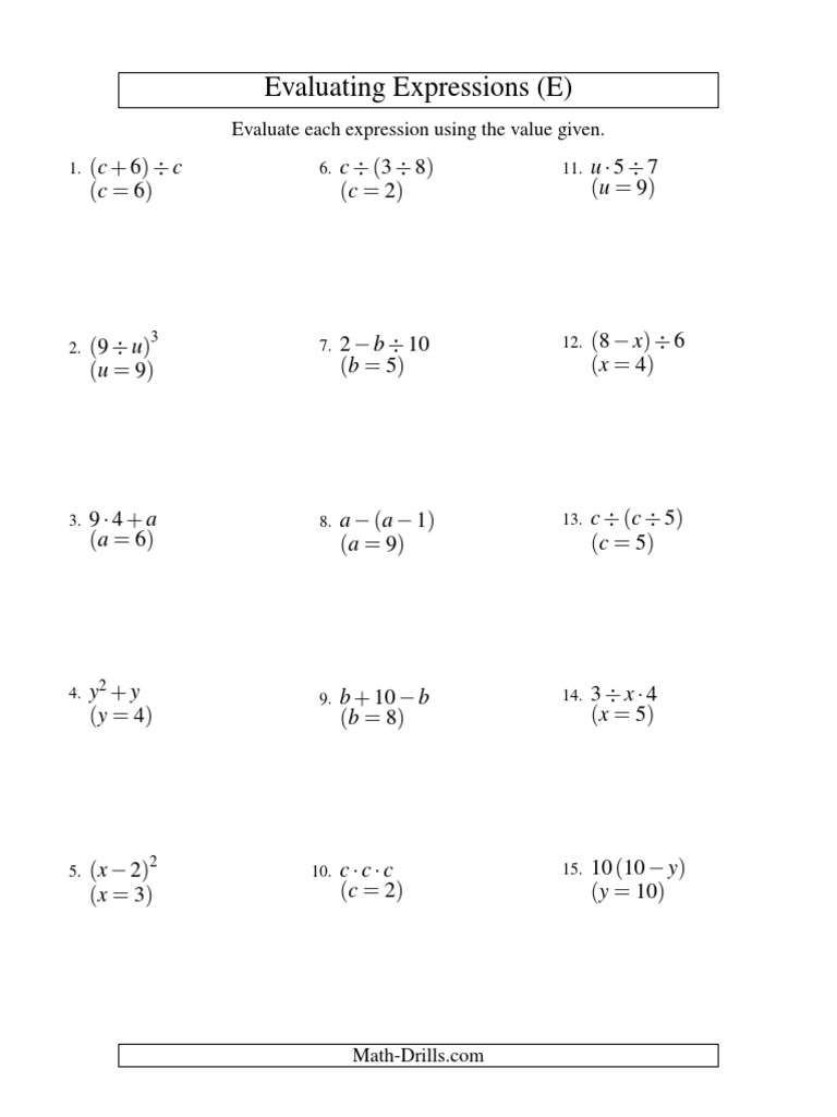 Algebra Evaluating Algebraic Expressions One Variable Two Steps 005qp ...