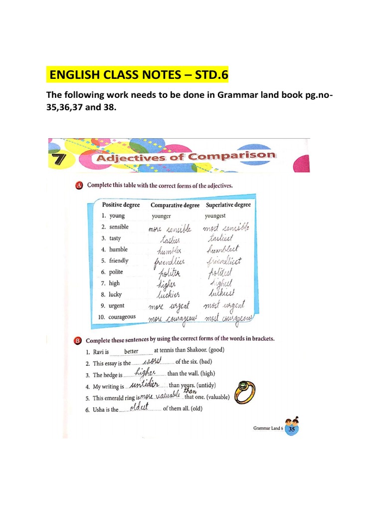 English Class Notes - Std.6: The Following Work Needs To Be Done in ...