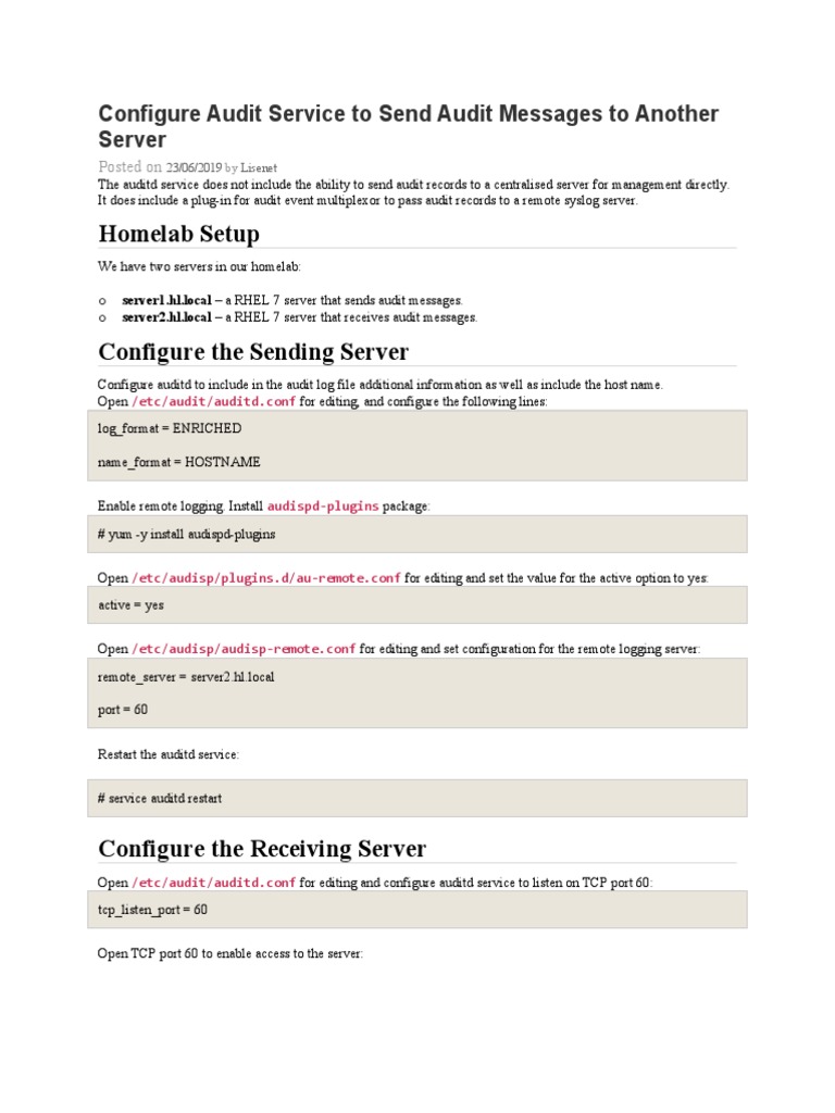 Configure Audit Service To Send Audit Messages To Another Server | PDF ...