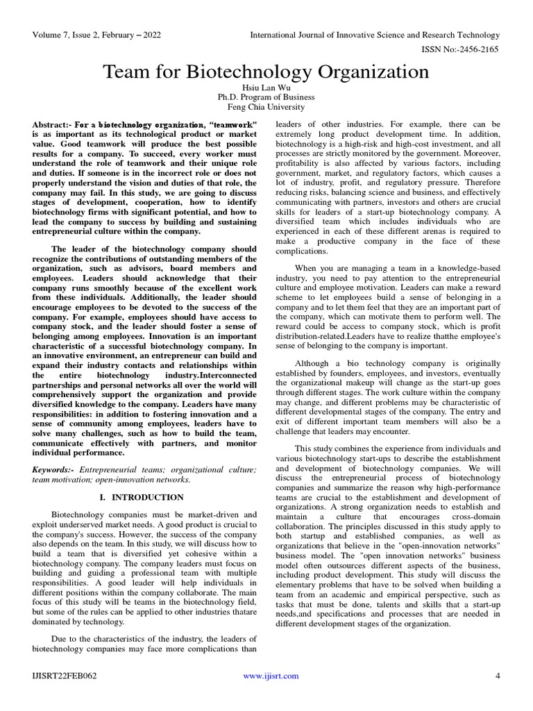 Team For Biotechnology Organization | PDF | Entrepreneurship | Startup ...