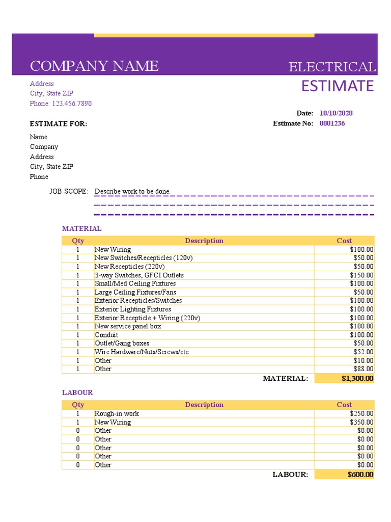 Electrical Estimate Template | PDF | Electrical Wiring | Wire