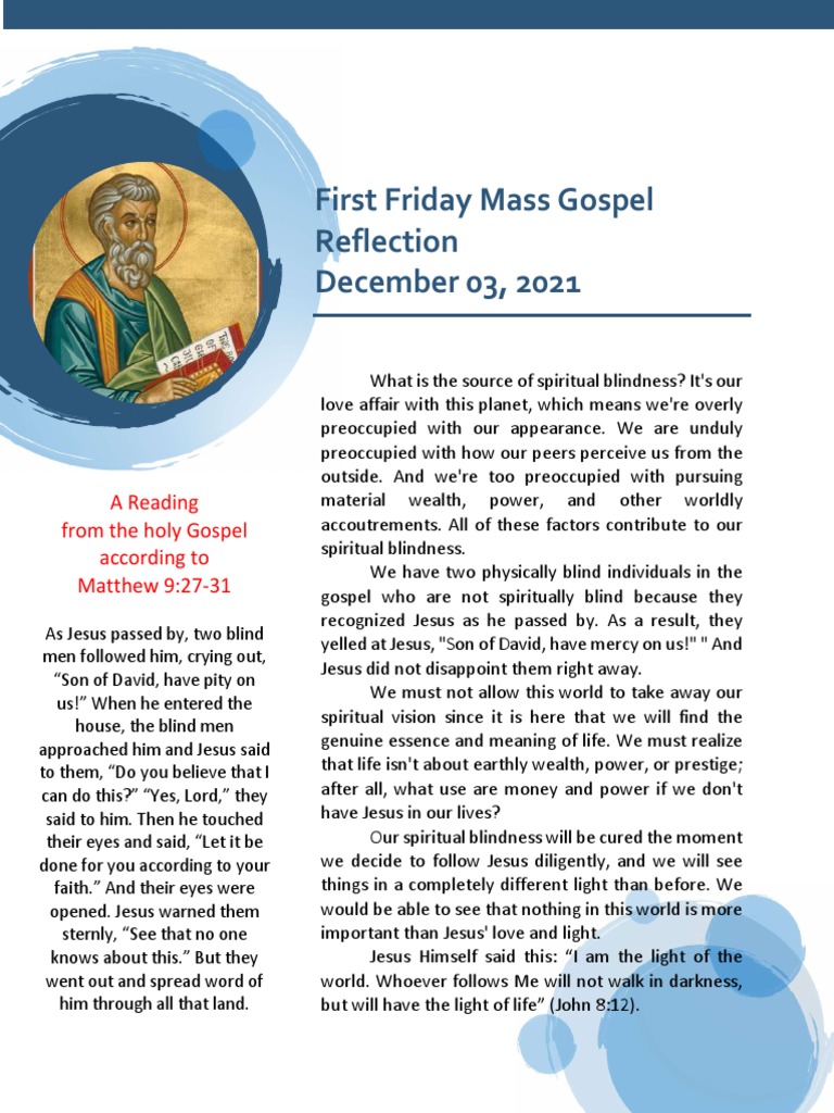 December First Friday Mass Gospel Reflection | PDF | Jesus | Gospels