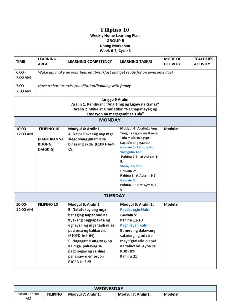 Weekly Plan FILIPINO 10 | PDF