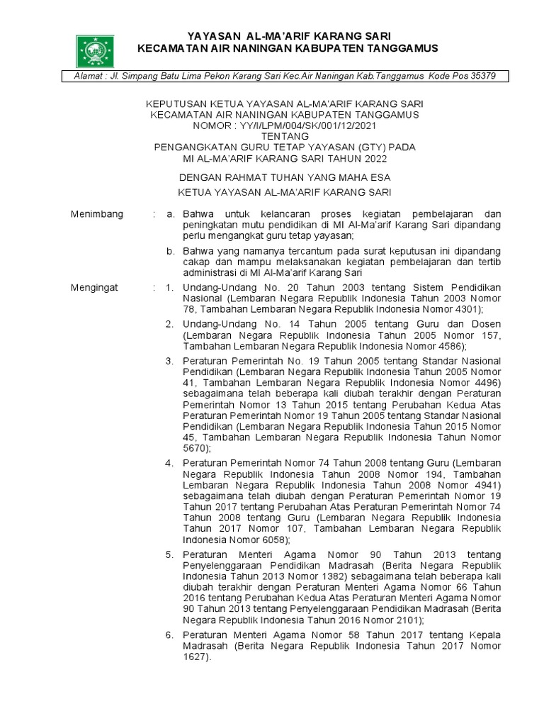 Contoh SK Guru Tetap Yayasan Yang Benar | PDF