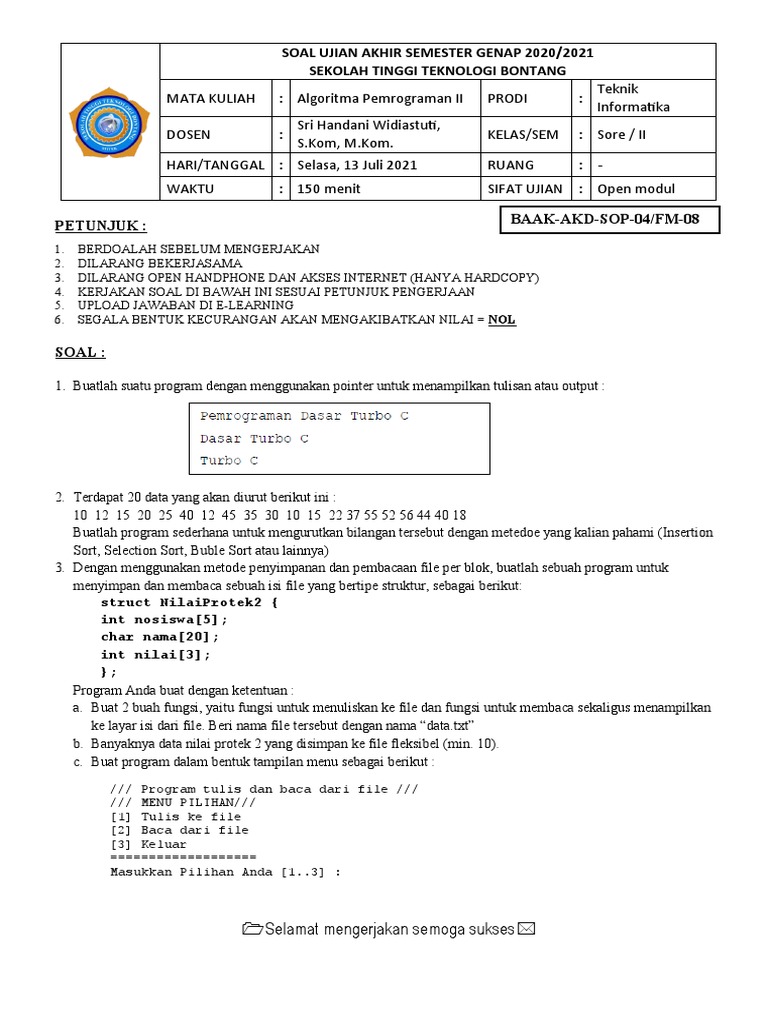 Soal UAS Algoritma Pemrograman II | PDF | Komputer