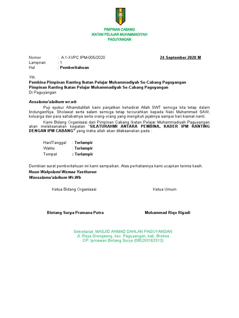 Surat Undangan Silaturahmi IPM Paguyangan | PDF