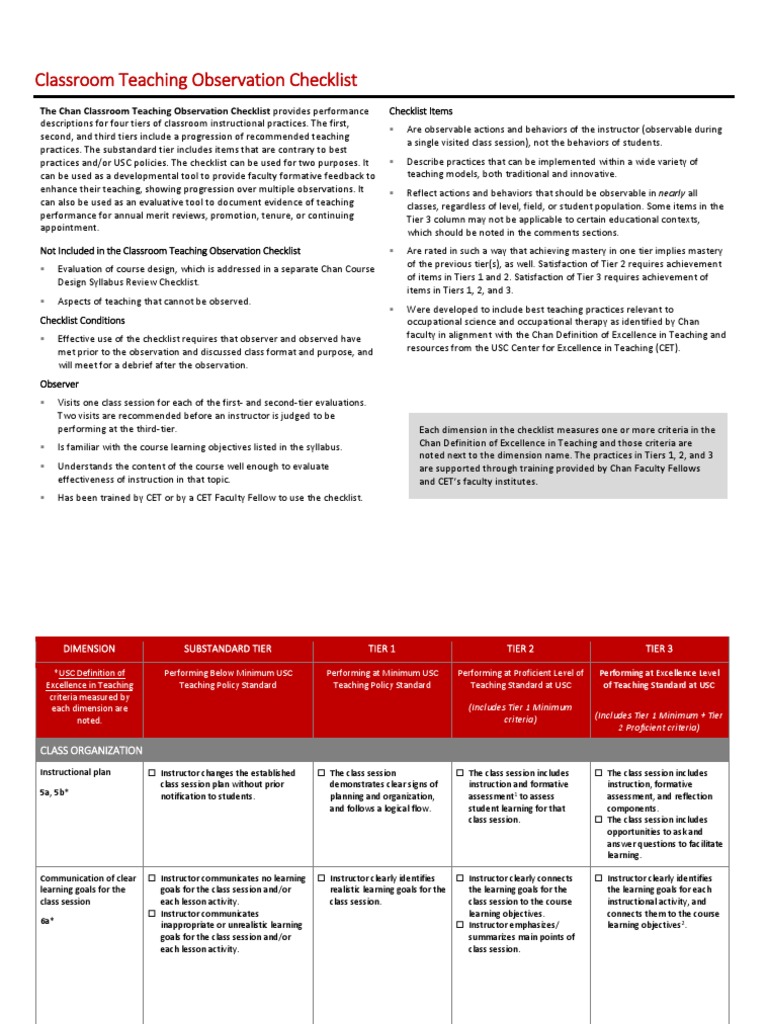 USC Chan Classroom Teaching Observation Checklist | PDF | Teachers ...