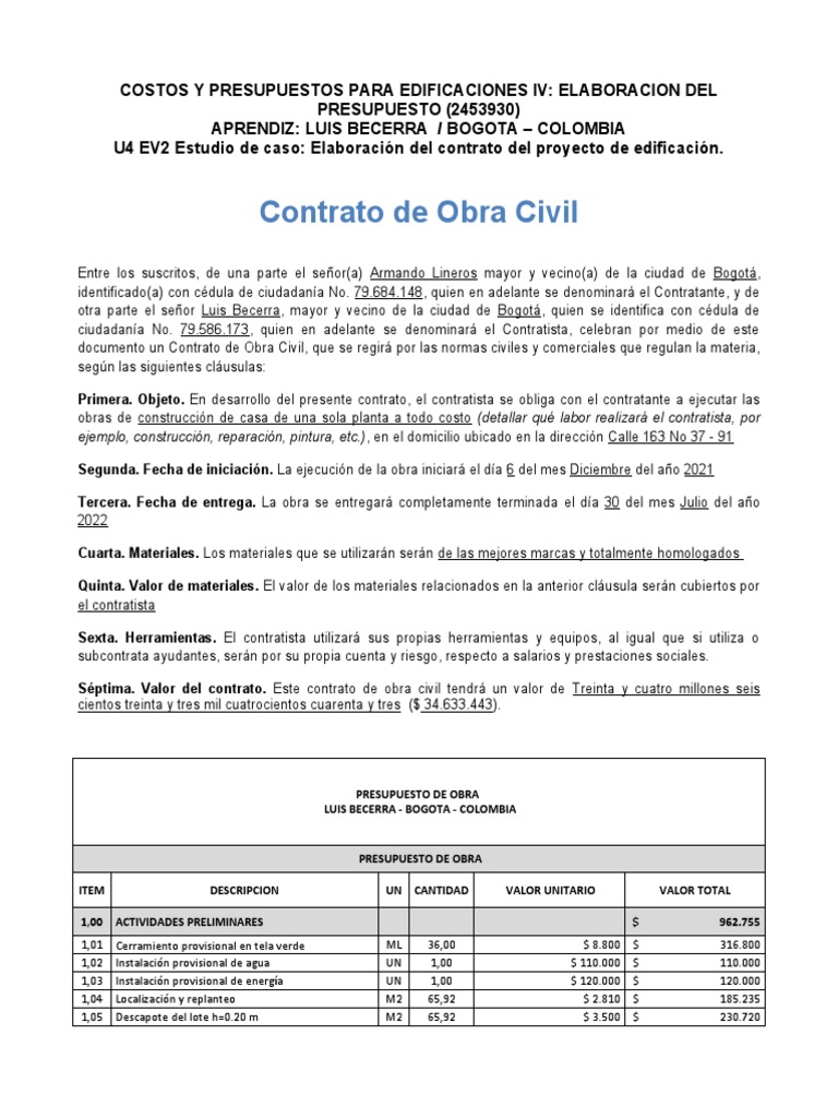 U4 EV2 Estudio de Caso Elaboración Del Contrato Del Proyecto de Edificación. | PDF | Bienes ...