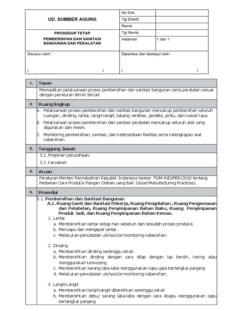 Draf PROTAP SOP Pembersihan Dan Sanitasi Bangunan Dan Peralatan | PDF