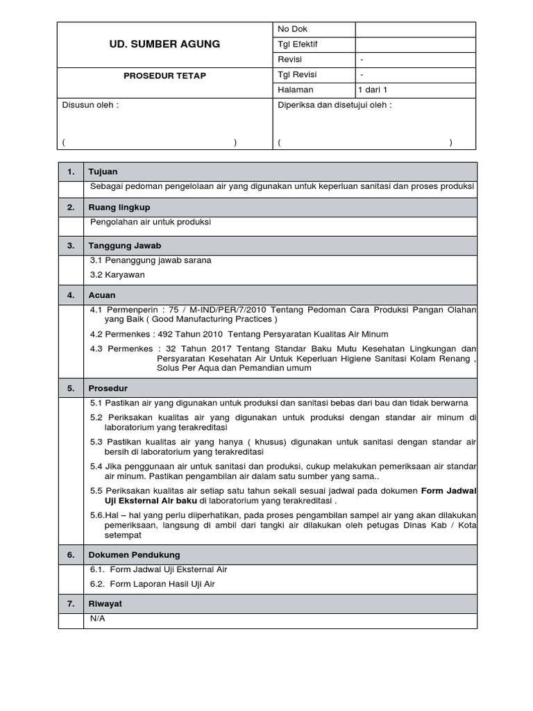 Draft Protap Pengolahan Air | PDF