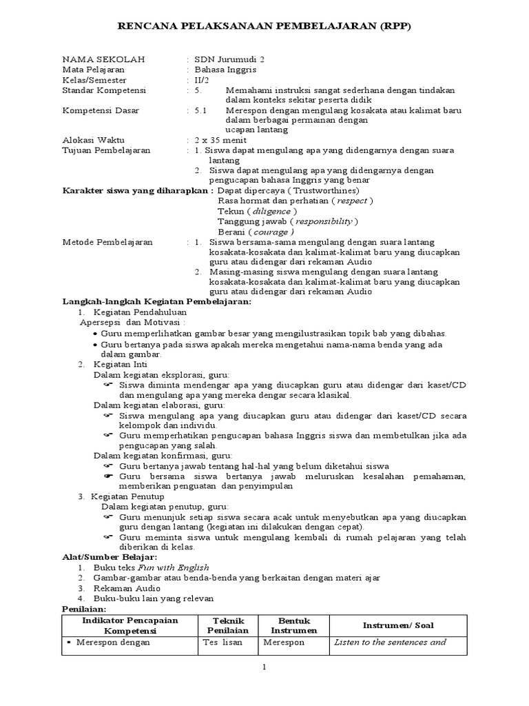 RPP Bahasa Inggris SD Kelas II Sms 2 Ok | PDF