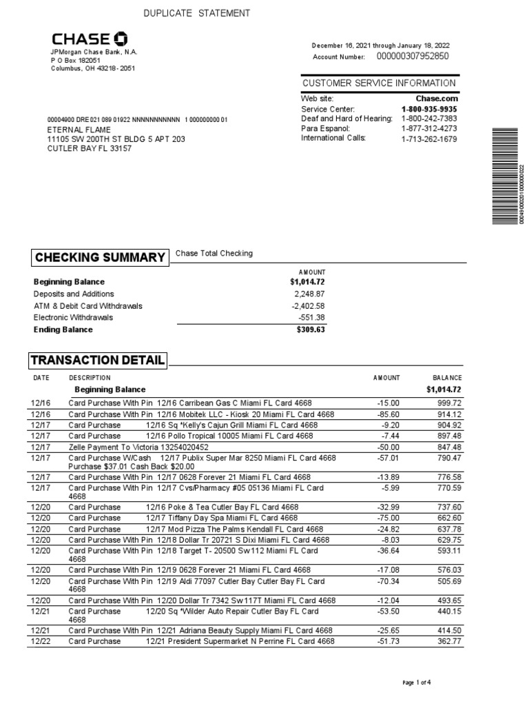 Chase Statement: Dec 2021 - Jan 2022 | PDF | Debit Card | Payments