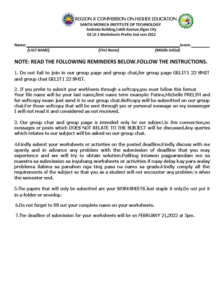 Lit1 Prelim Worksheets 2022 | PDF | Communication