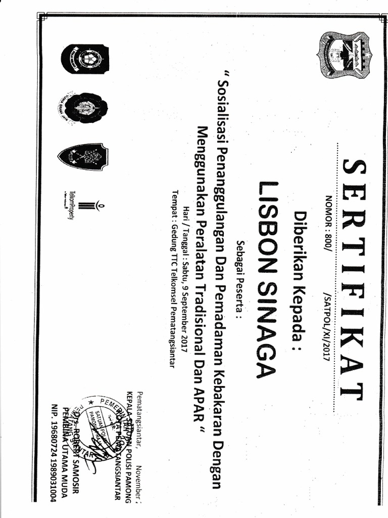 Contoh Sertifikat DAMKAR | PDF