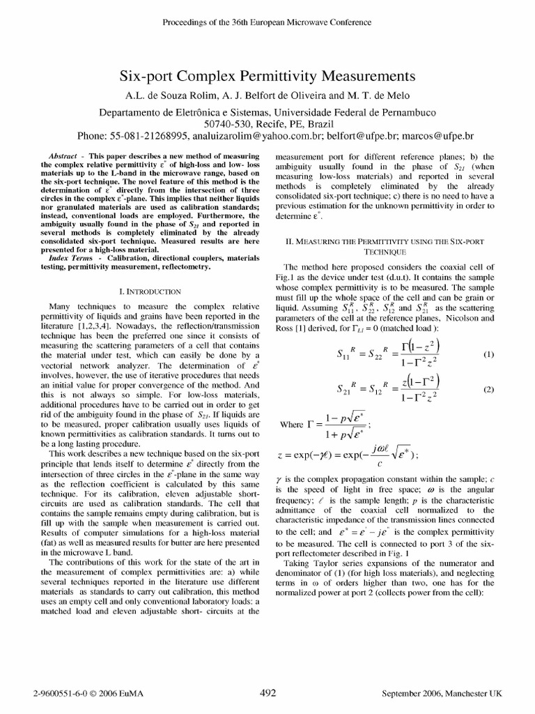 Six-Port Complex Permittivity Measurements | PDF | Permittivity | Microwave