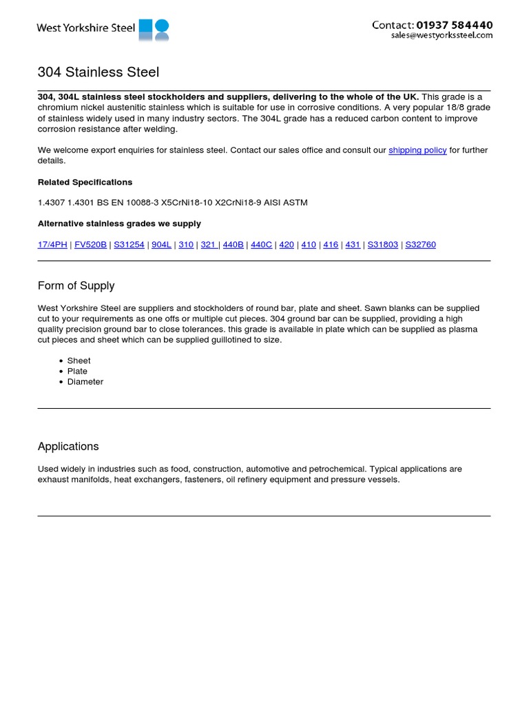 304 Stainless Steel: Form of Supply | PDF | Stainless Steel | Steel