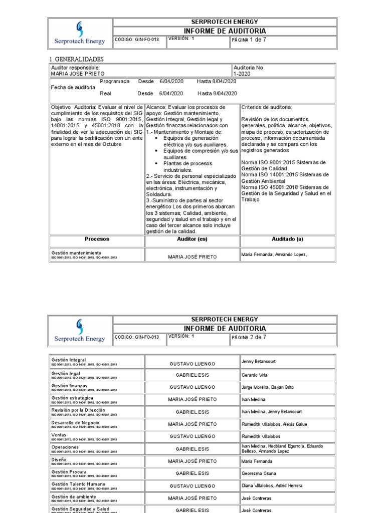 Informe de Auditoría Interna 2020 de Serprotech Energy: Hallazgos, No ...