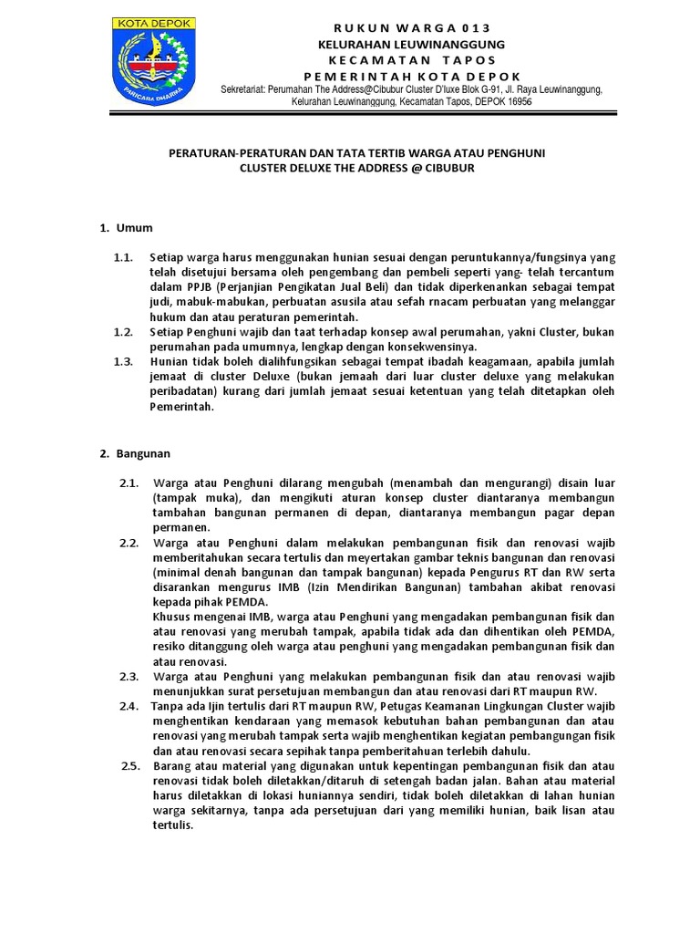 Peraturan-Peraturan Dan Tata Tertib Warga Atau Penghuni Cluster Deluxe The Address at Cibubur ...