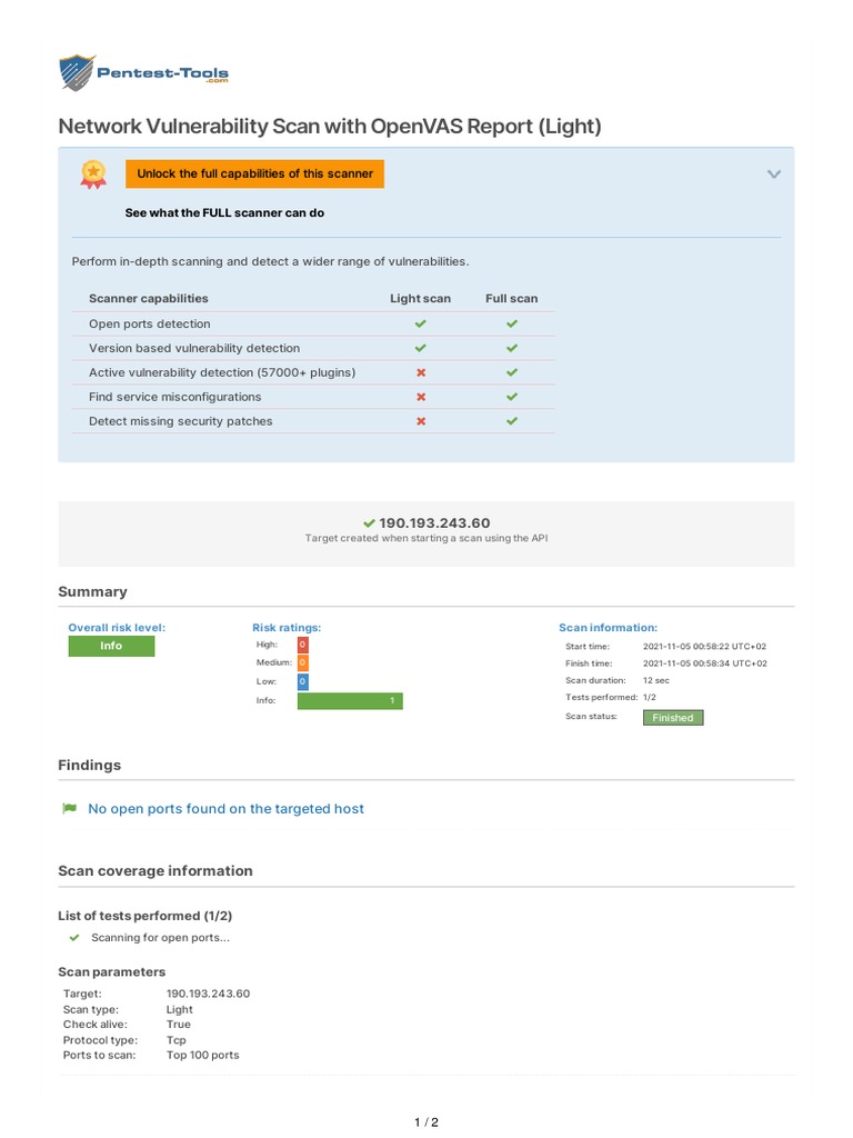 Network Vulnerability Scan With Openvas Report (Light) | PDF