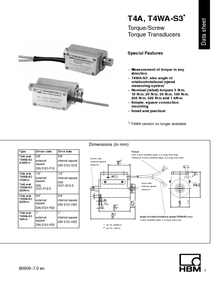 T4A, T4WA-S3: Torque/Screw Torque Transducers | PDF | Torque | Electronics