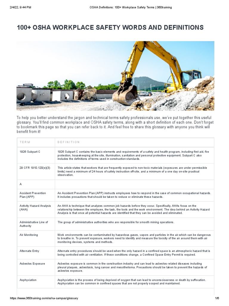 OSHA Definitions - 100+ Workplace Safety Terms - 360training | PDF ...