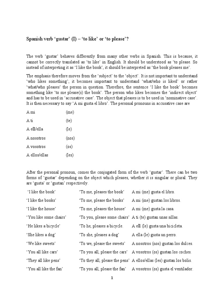 Spanish Verb 'Gustar' (I) | PDF | Syntactic Relationships | Linguistic ...