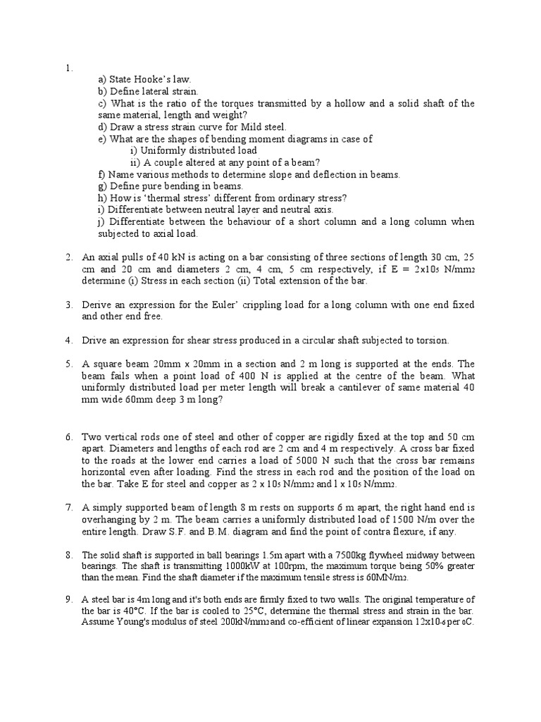 Strength of Materials Question Bank | PDF | Bending | Beam (Structure)