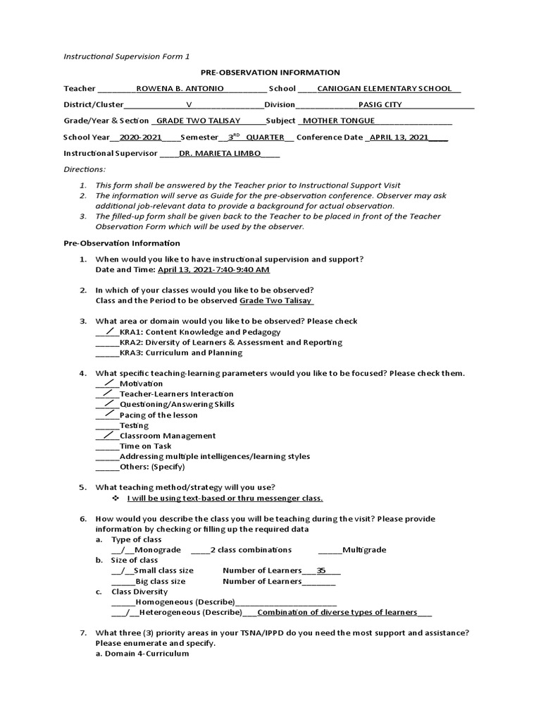 Rowena B. Antonio Pre and Post Observation COT1 | PDF | Learning | Teachers