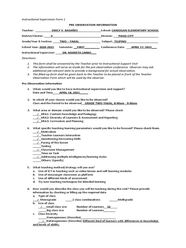 Emily Basañes Pre Post Observation COT 1 | Download Free PDF | Teachers ...