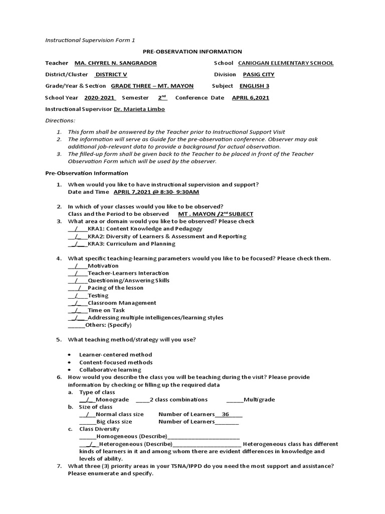 Pre-Observation Information Teacher Ma. Chyrel N. Sangrador School ...