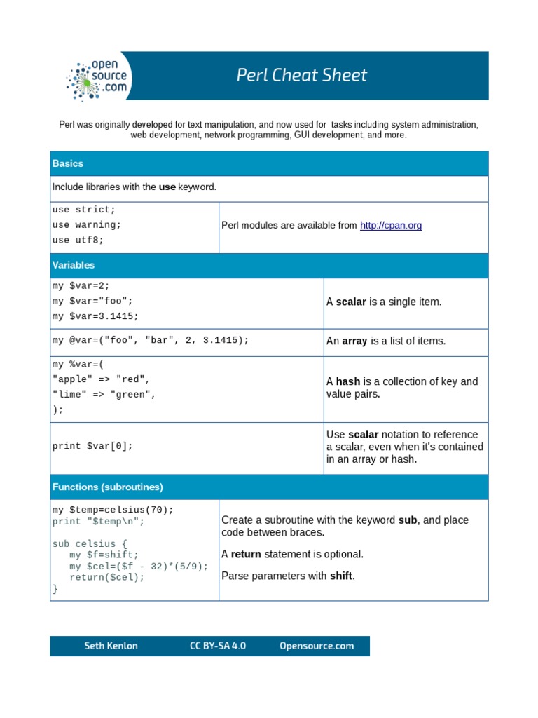 Perl Cheat Sheet: Basics | PDF | Perl | Subroutine