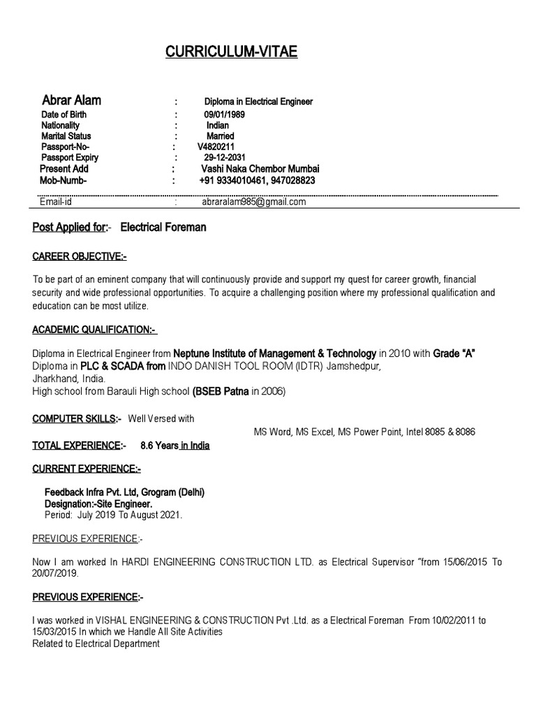 Abrar Alam Electrical Foreman CV | PDF | Engineering