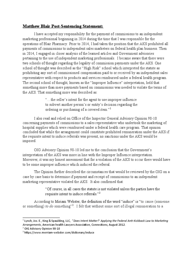 Matthew Blair's Post-Sentencing Statement | PDF | Advisory Opinion ...