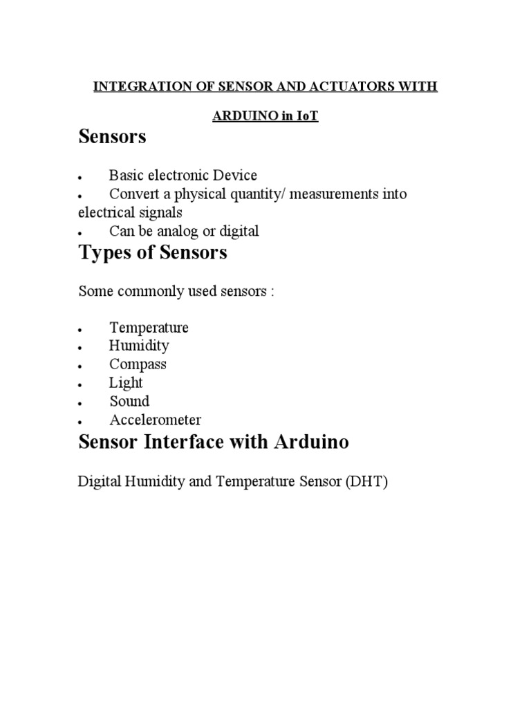 INTEGRATION OF SENSOR AND ACTUATORS WITH ARDUINO in IoT | PDF