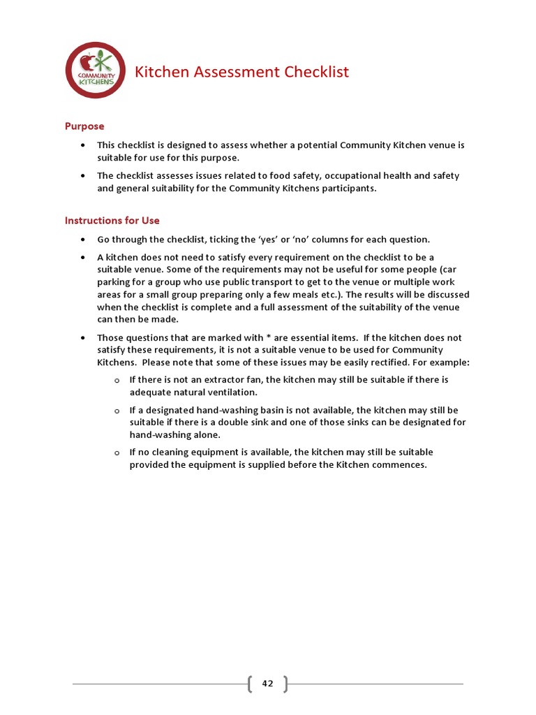 Kitchen Assessment Checklist: Purpose | PDF | Kitchen | Foods