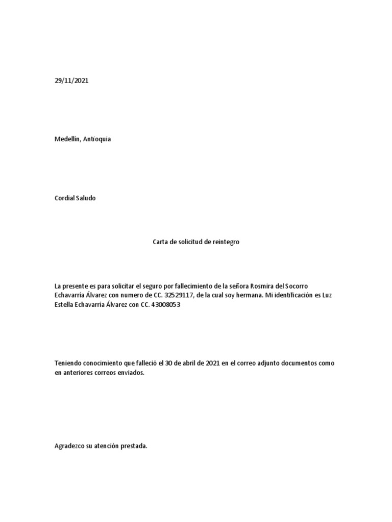 Carta de Solicitud de Reintegro | PDF