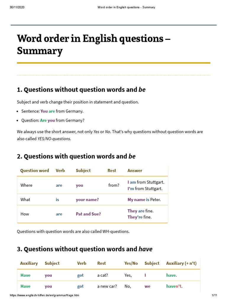 Word Order in English Questions - Summary | Download Free PDF | English ...