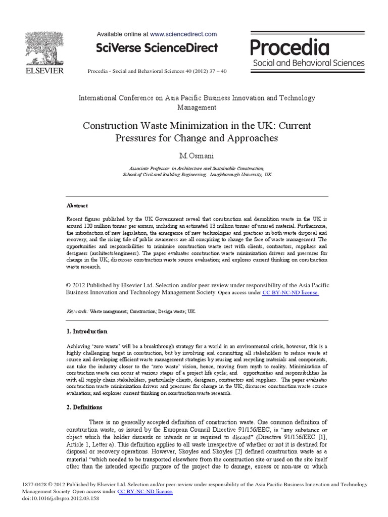 Construction Waste Minimization in The UK Curre - 2012 - Procedia ...