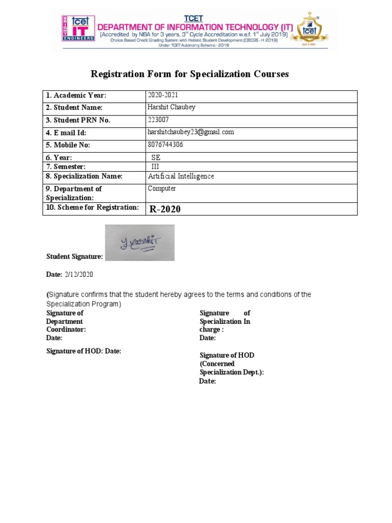 Registration Form For Specialization Courses | PDF | Finance & Money Management