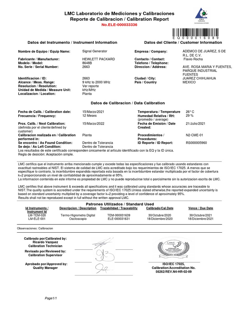 LMC Laboratorio de Mediciones y Calibraciones Reporte de Calibracion / Calibration Report | PDF ...