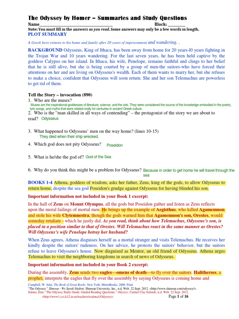 The Odyssey by Homer - Summaries and Study Questions: Plot Summary ...