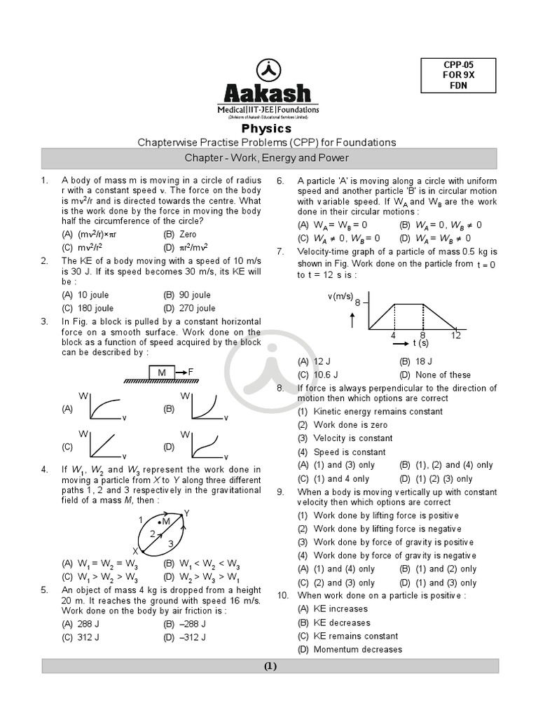 Physics: Chapter - Work, Energy and Power Chapterwise Practise Problems (CPP) For Foundations ...