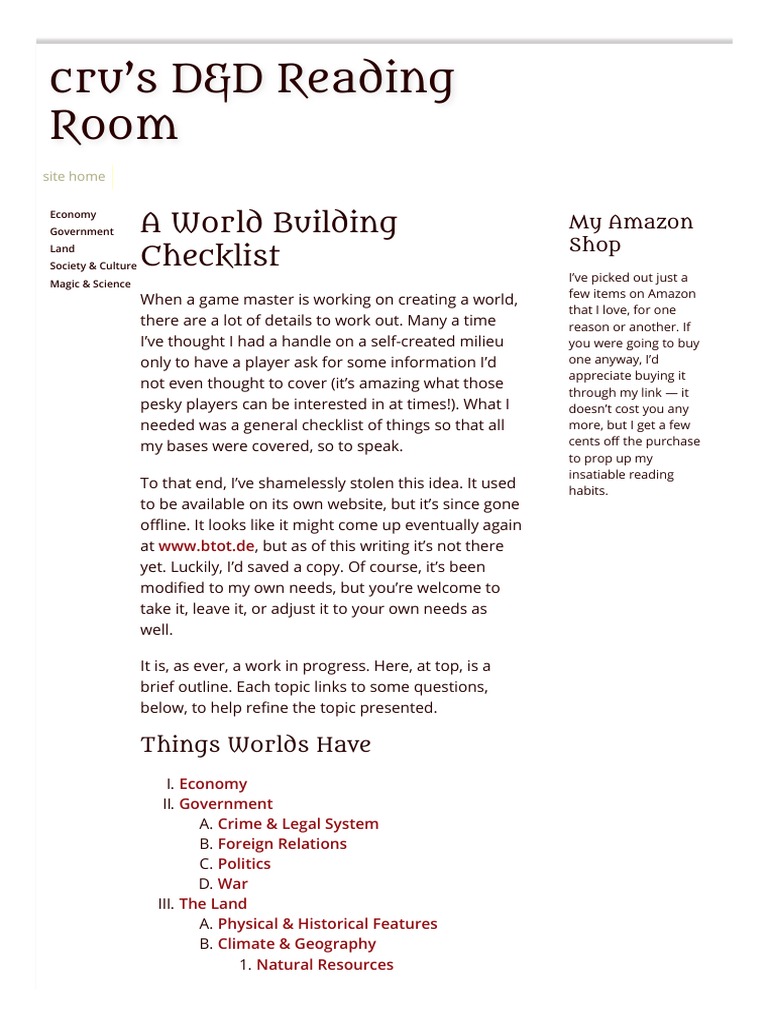 A World Building Checklist - Articles - Cru's D&D Reading Room | PDF ...